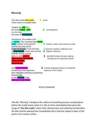 GCSE English Literature Revision notes "Blessing" poetry anthology ...