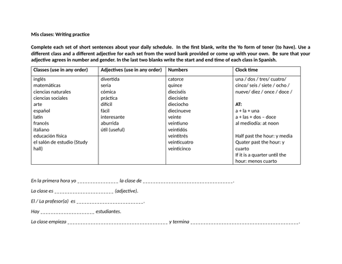 Mis clases: Writing practice | Teaching Resources