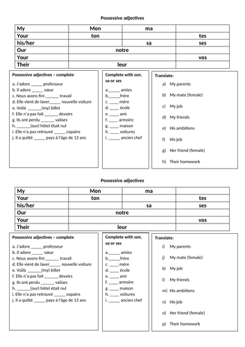 Possessive adjectives mini worksheet KS3 / KS4 French | Teaching Resources