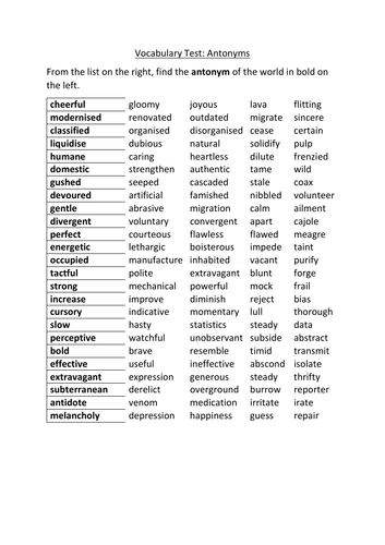 Vocabulary Test - ANTONYMS 1 | Teaching Resources
