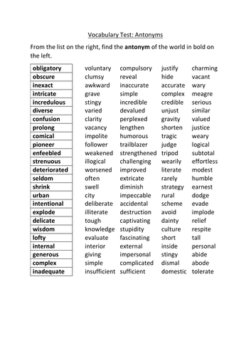 Vocabulary Test ANTONYMS 3 | Teaching Resources