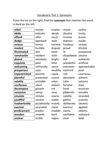 Vocabulary Test SYNONYMS 1 | Teaching Resources