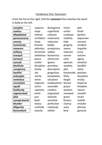 Vocabulary Test 3 SYNONYMS | Teaching Resources