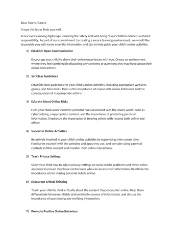 Online Safety Letter Template | Teaching Resources