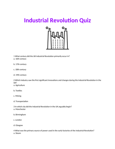 Industrial Revolution Quiz | Teaching Resources Industrial Revolution Quiz | Teaching Resources
