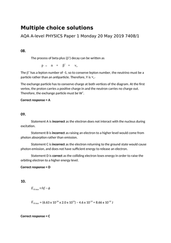 Solutions to AQA A level Physics Multiple Choice 2019 | Teaching Resources Solutions to AQA A level Physics Multiple Choice 2019 | Teaching Resources