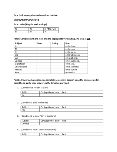 Estar basic conjugation and questions practice | Teaching Resources
