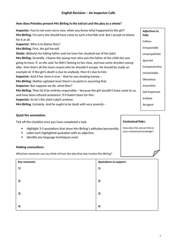An Inspector Calls Revision Worksheets | Teaching Resources