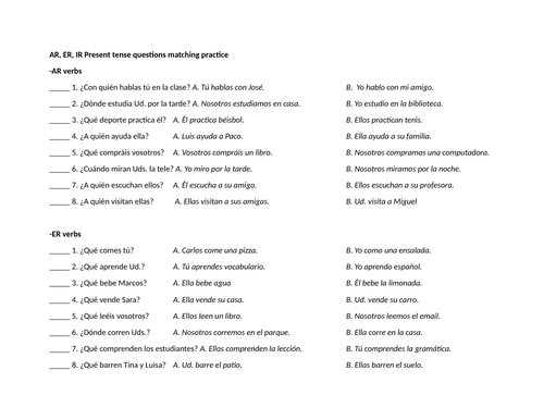 AR, ER, IR Present tense questions matching practice | Teaching Resources