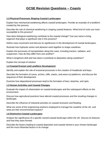 GCSE Revision Questions - Coastal Landscapes (Edexcel A) | Teaching ...