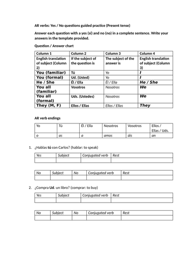 AR verbs: Yes / No questions guided practice (Present tense) | Teaching ...