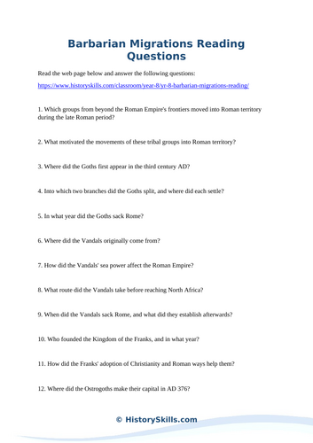 Barbarian Migrations Reading Questions Worksheet | Teaching Resources