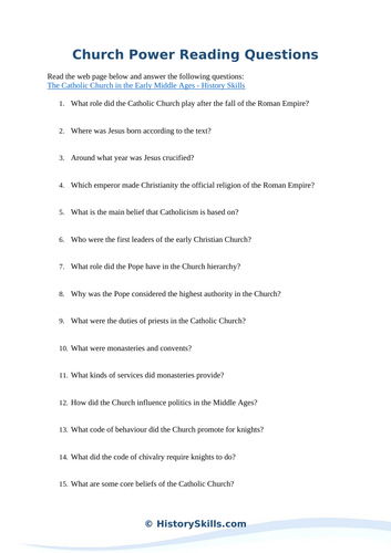 Church Power in the Middle Ages Reading Questions Worksheet | Teaching ...