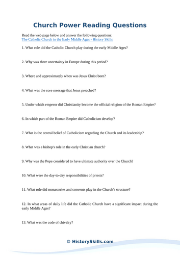 Church Power in the Middle Ages Reading Questions Worksheet | Teaching ...