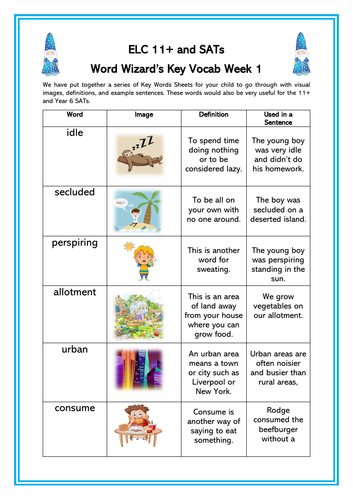 Week One - Key Word Vocab Sheet | Teaching Resources