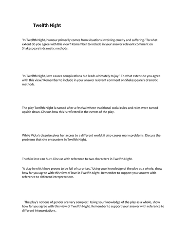 English Literature A Level TWELFTH NIGHT exam questions | Teaching ...
