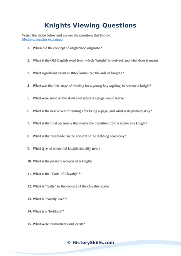 Medieval Knights Video Viewing Questions Worksheet | Teaching Resources