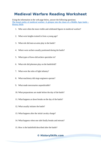 Medieval Warfare Reading Worksheet | Teaching Resources