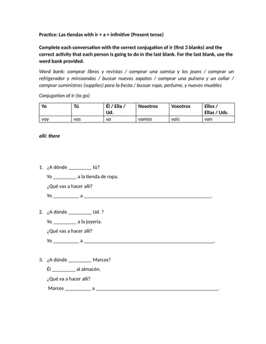 Practice: Las tiendas with ir + a + infinitive (Present tense ...