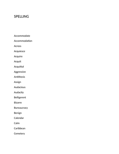 Ambitious English Language Vocabulary Spelling List for year 6 ...