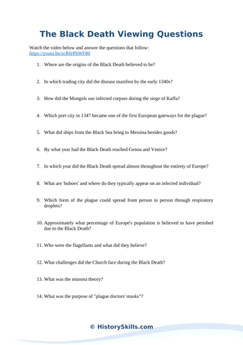 The Black Death Video Viewing Questions Worksheet | Teaching Resources