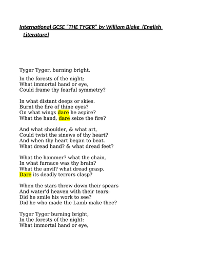 Key Vocabulary for studying "The Tyger" by William Blake GCSE English ...