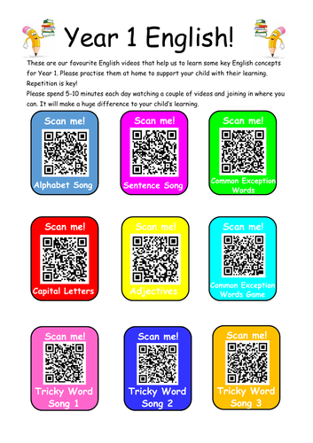 Year 1 English QR Code Homework Handout | Teaching Resources