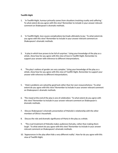 A Level English Literature: exam questions "Twelfth Night" | Teaching ...