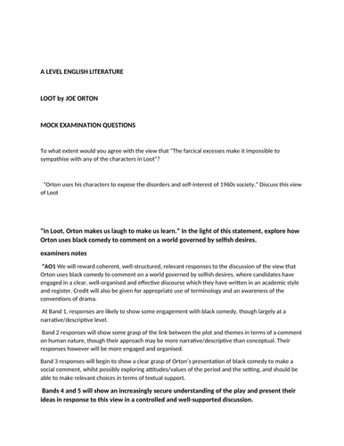 A level English Literature "Loot" Joe Orton - mock exam questions ...