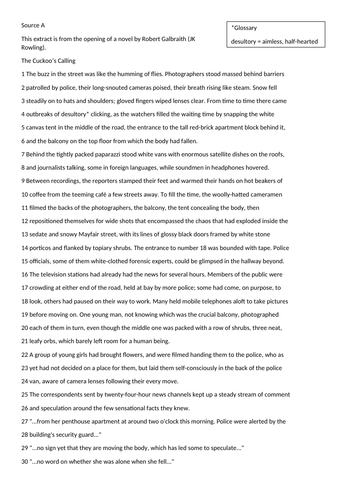 The Cukoo's Calling Extract Lang Paper 1 | Teaching Resources