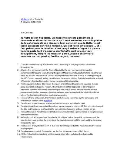 A LEVEL FRENCH revision notes Moliere's Le Tartuffe | Teaching Resources