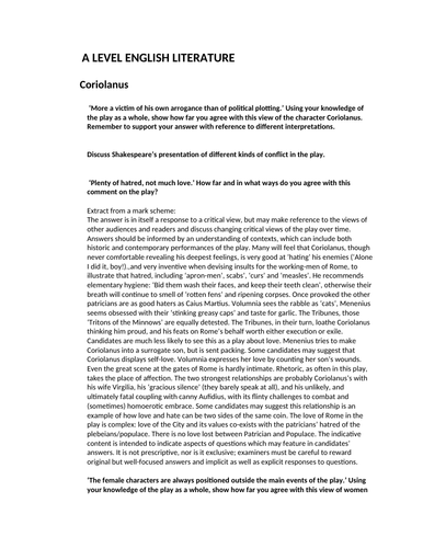 A Level English Literature REVISION "Coriolanus" | Teaching Resources