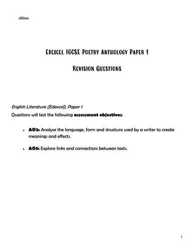 Edexcel IGCSE English Literature Poetry Anthology Revision Booklet ... Edexcel IGCSE English Literature Poetry Anthology Revision Booklet ...