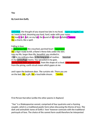 Teacher Resource: A LEVEL ENGLISH LITERATURE OCR coursework "You" by ...