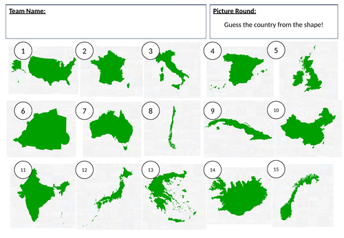 Country Shape Picture Quiz - answers in description | Teaching Resources