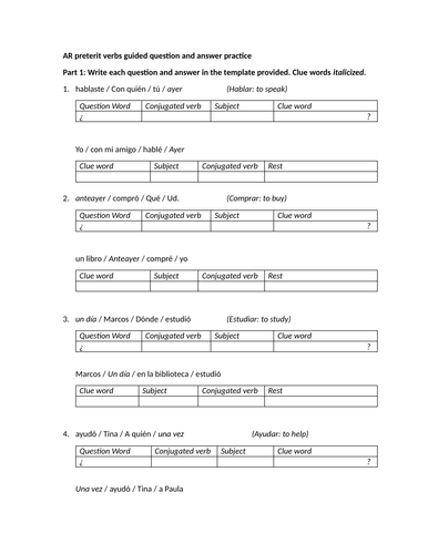 AR preterit verbs guided question and answer practice | Teaching Resources
