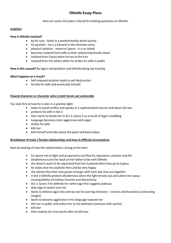 English A Level 'Othello' Essay Plans | Teaching Resources