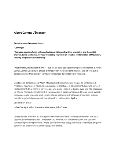 Teaching Resource A LEVEL FRENCH L'Etranger - Albert Camus | Teaching ...