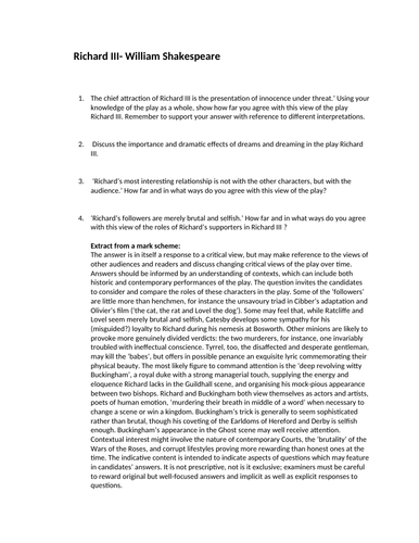 Revision of RICHARD III : A Level English Literature essay questions ...