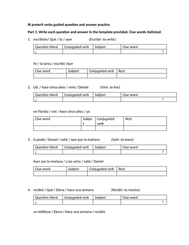 IR preterit verbs guided question and answer practice | Teaching Resources