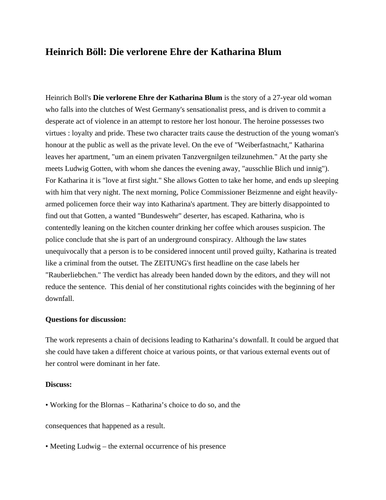 Die Verlorene Ehre der Katharina Blum: A LEVEL GERMAN revision ...