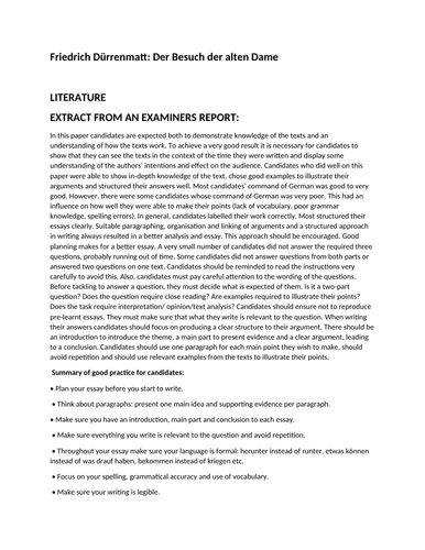 Der Besuch der alten Dame A LEVEL GERMAN essay questions | Teaching ...