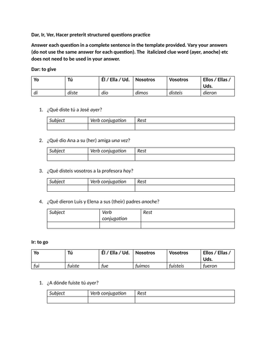 Dar, Ir, Ver, Hacer preterit structured questions practice | Teaching ...