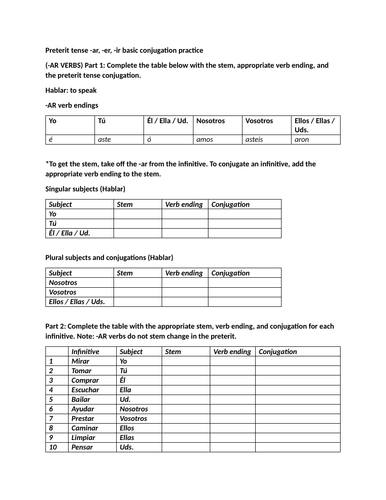 Preterit tense -ar, -er, -ir basic conjugation practice | Teaching ...