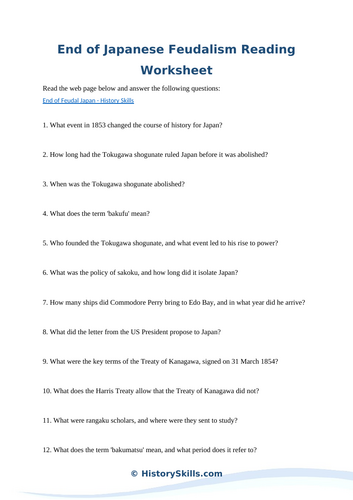 End of Japanese Feudalism Worksheet | Teaching Resources