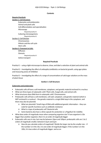 AQA GCSE Biology Topic 1 (Cell Biology) - Detailed Notes (+ Worksheet ...