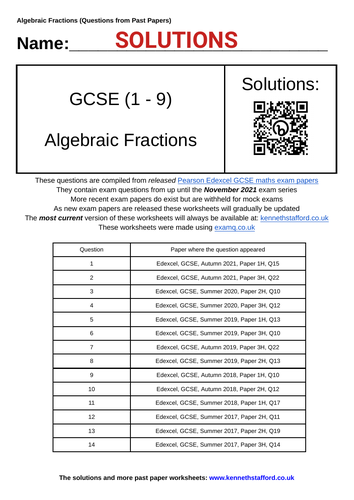 Algebraic Fractions. GCSE Maths Past Paper Questions. | Teaching Resources