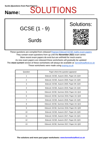 Surds. GCSE Maths Past Paper Questions. | Teaching Resources