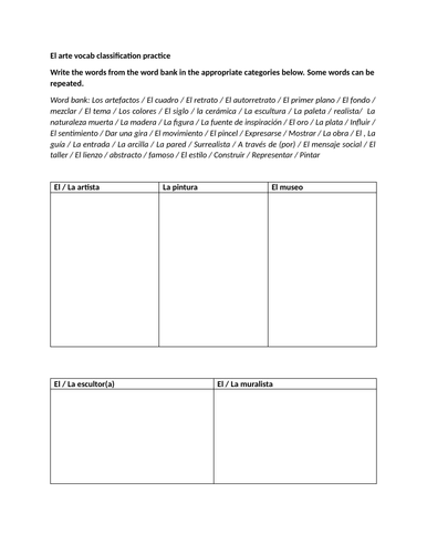 El arte vocab classification practice | Teaching Resources