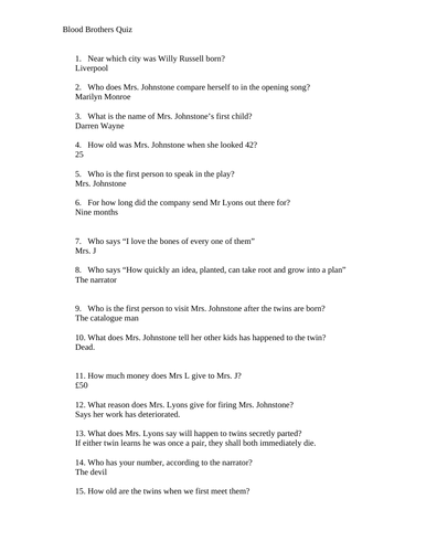 Blood Brothers Quiz | Teaching Resources